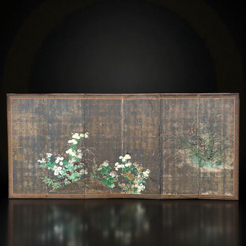 Six-Panel Japanese Screen with Autumn Grasses, Chrysanthemums (item ...